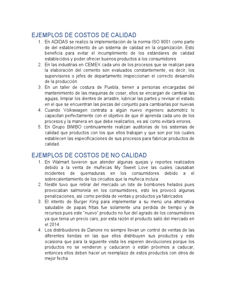 Ejemplos de Costos de Calidad y No Calidad | PDF