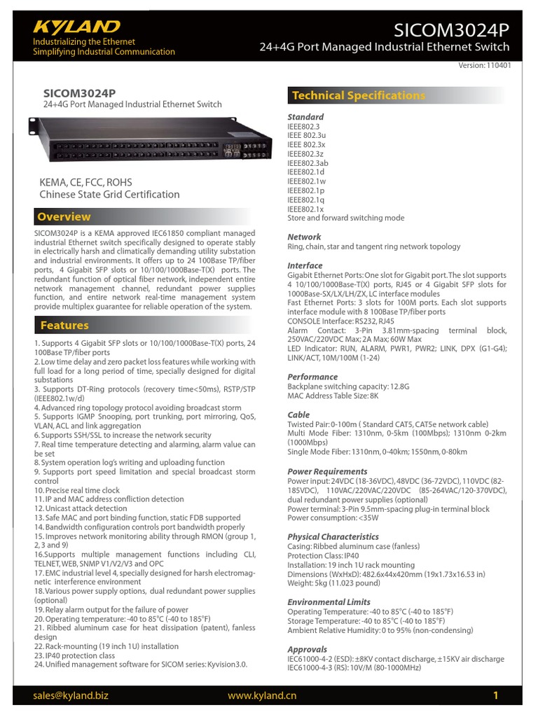 8A. ETH Switch - Sicom - 3024P - Kyland | PDF | Ethernet | Computer Network