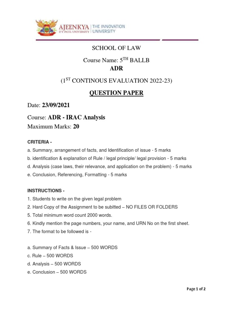 1 Evaluation Adr Question Paper | PDF | Civil Law (Legal System) | Business