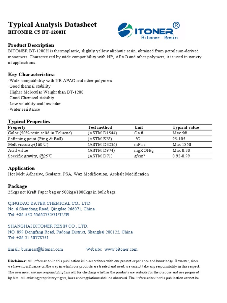 Bitoner Resin C5 BT-1200H TDS | PDF | Polymers | Adhesive