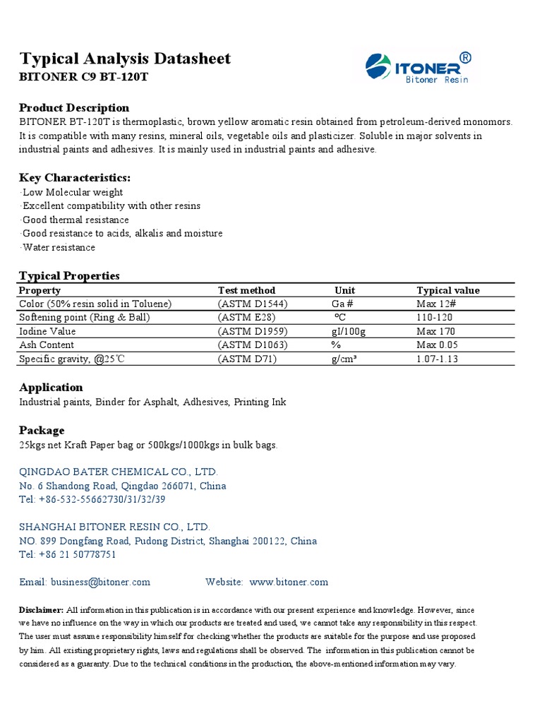 Bitoner Resin c9 Bt-120t Tds | PDF | Paint | Adhesive