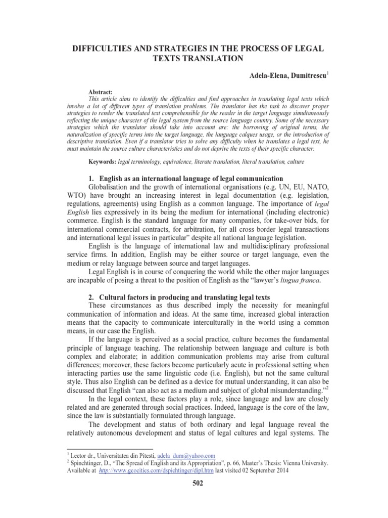 Difficulties And Strategies In The Process Of Legal Text Translation