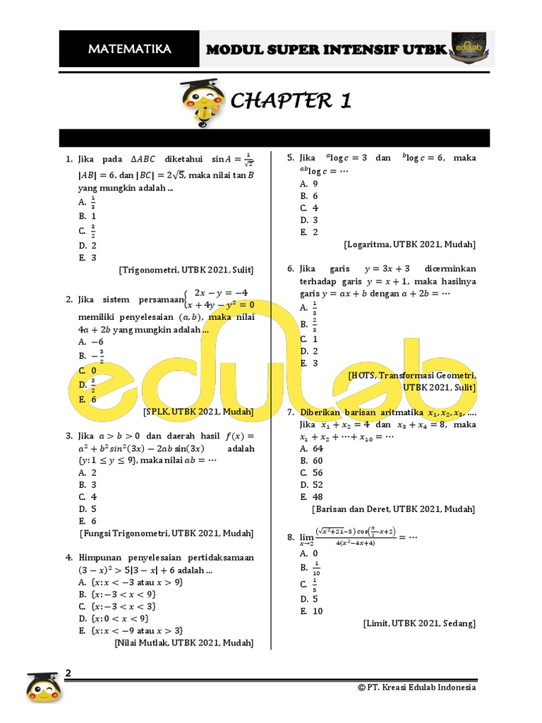 Modul Super Intensif Utbk Saintek 2022 Matematika Chapter 1 2 | PDF