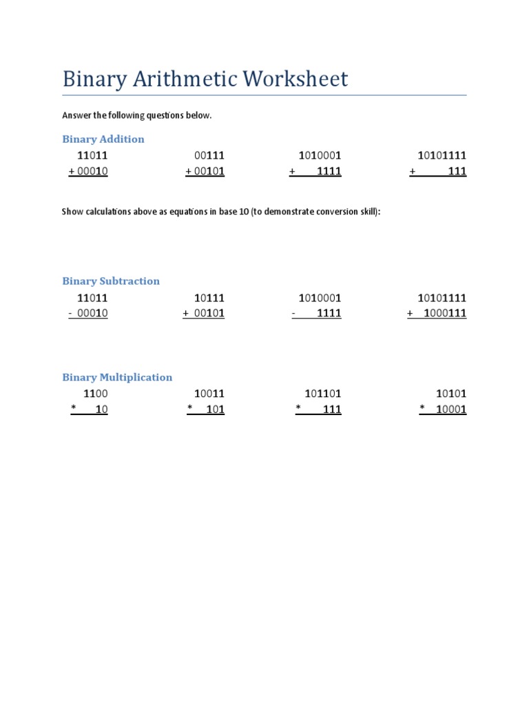 Binary Arithmetic Worksheet Pdf