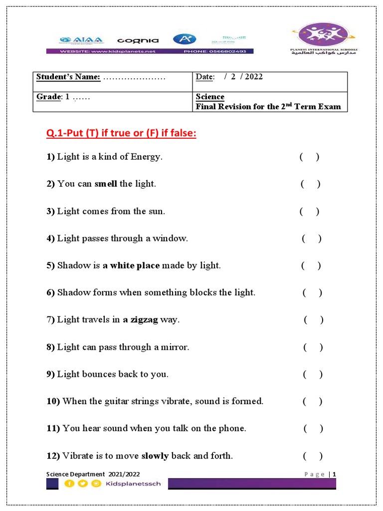 Grade 1 Science Final Revision Exam | PDF | Sound | Light