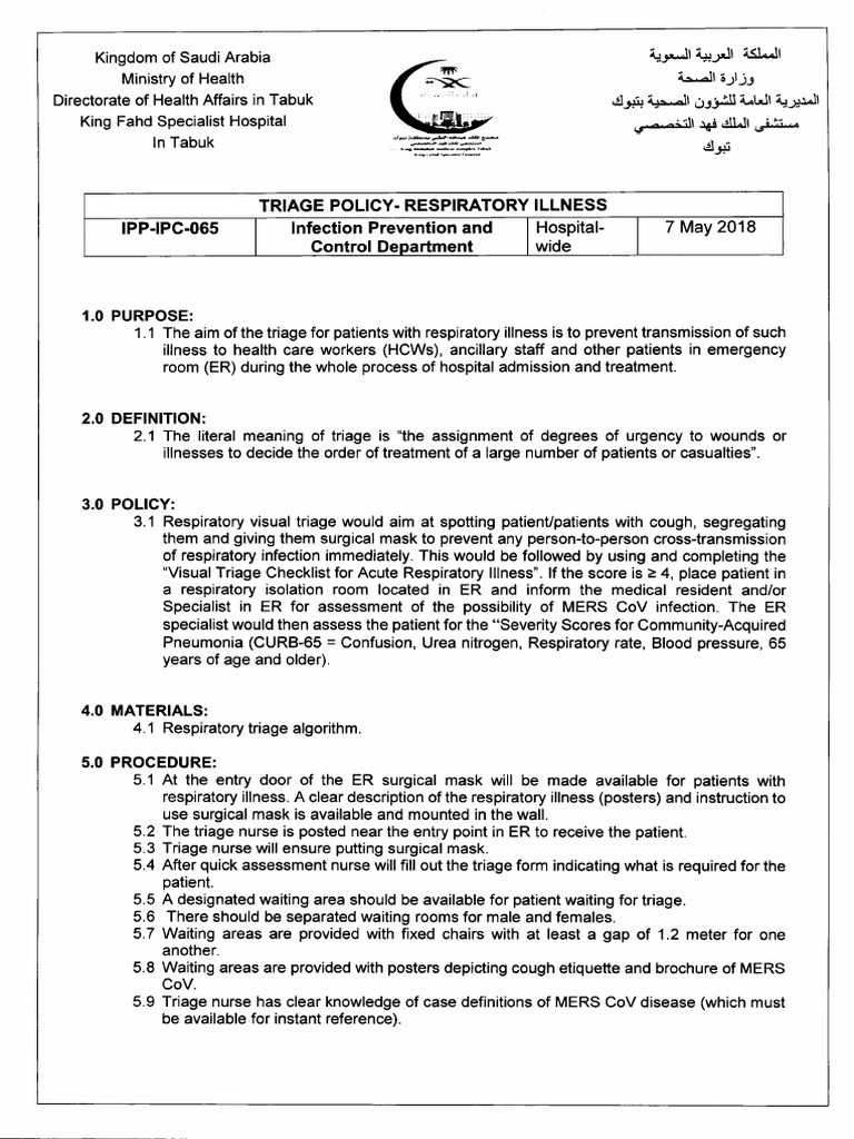 Triage Policy for Respiratory Illness Outlines Procedures to Prevent ...