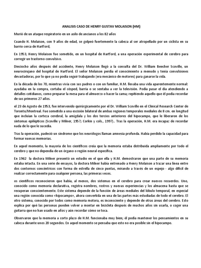 Amnesia y Memoria en Caso H.M. | PDF | Hipocampo | Memoria