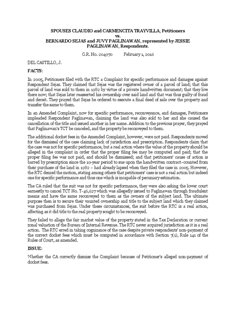 SPS. TRAYVILLA V SEJAS and PAGLINAWAN | PDF | Complaint | Lawsuit