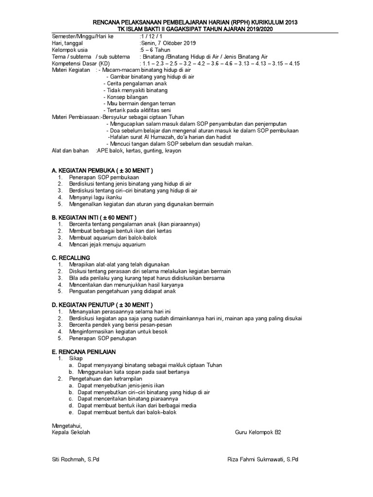 RPPH TK-B SMT1 Minggu - 12 - Binatang Hidup Di Air | PDF | Seni & Disiplin Bahasa | Kajian ...