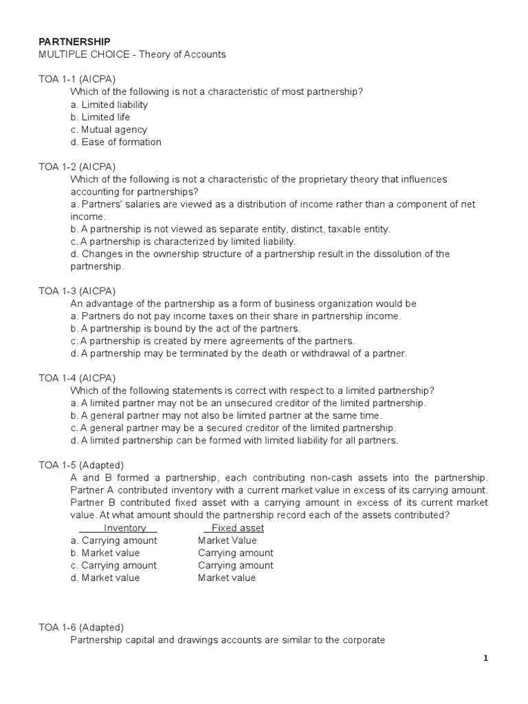 TOA Multiple Choice Questions | PDF | Partnership | Balance Sheet