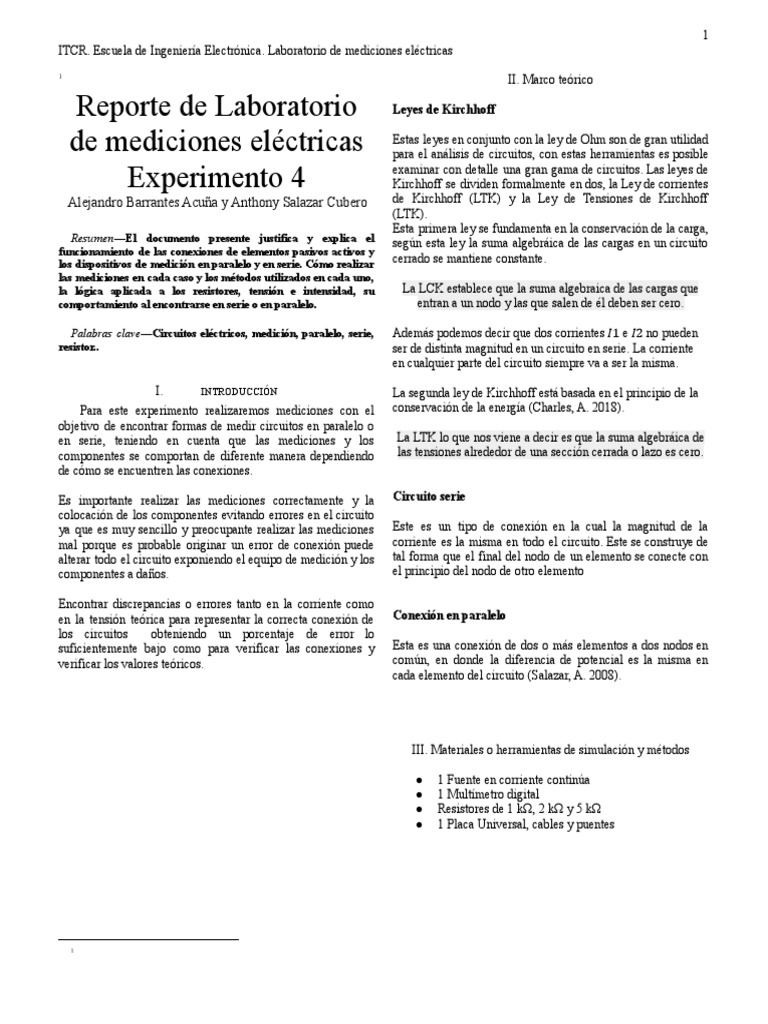 Reporte de Laboratorio de Mediciones Eléctricas Experimento 4 | PDF | Resistor | Corriente eléctrica