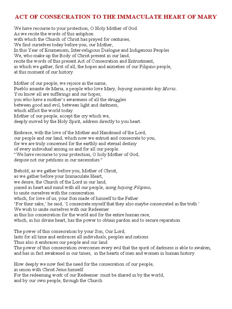 Act of Consecration To The Immaculate Heart of Mary | PDF | Sin | Mary ...