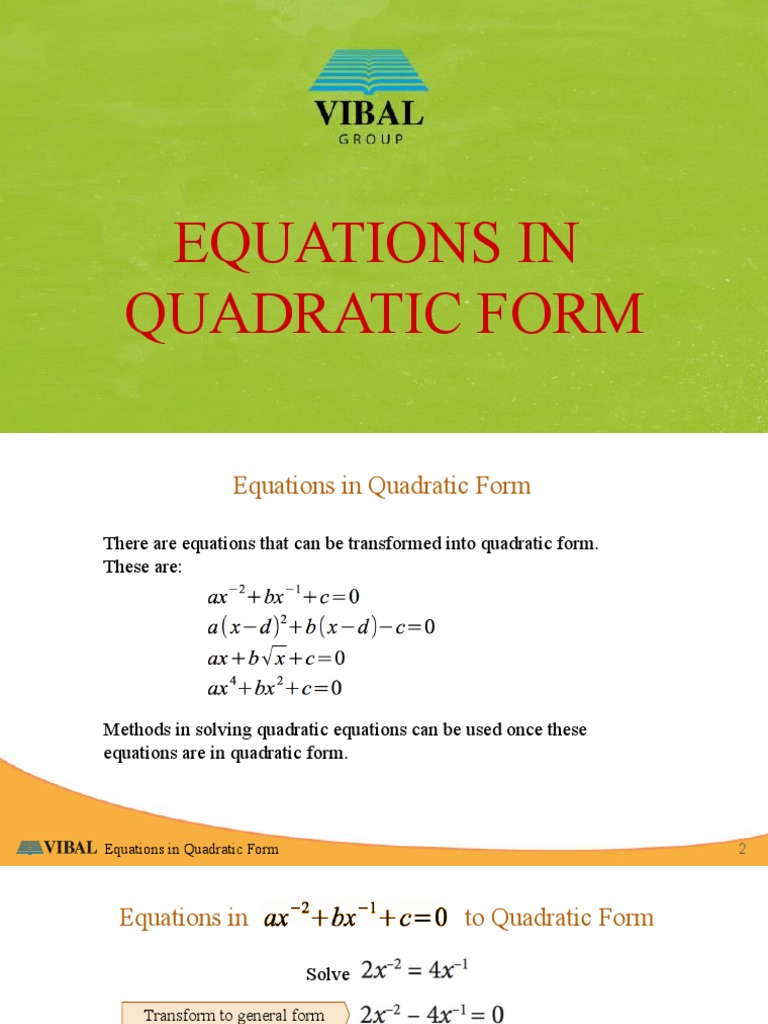 Equation in Quadratic Form | Download Free PDF | Quadratic Equation | Equations