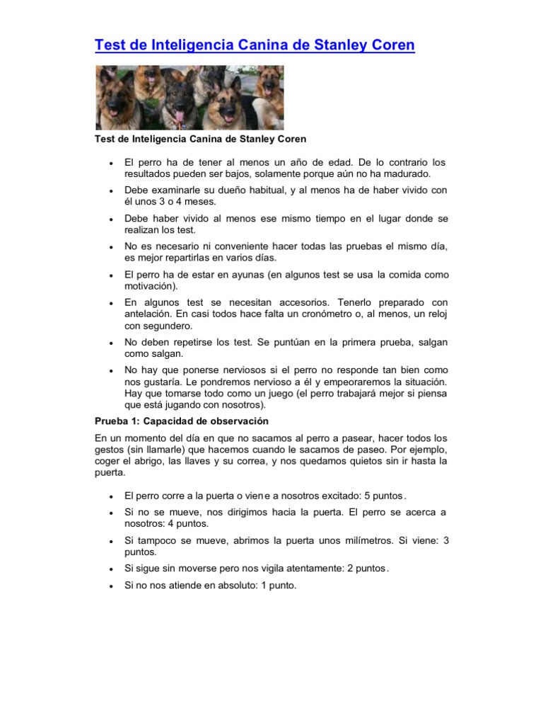 Test de Inteligencia Canina de Stanley Coren | PDF | Perros | Ocio