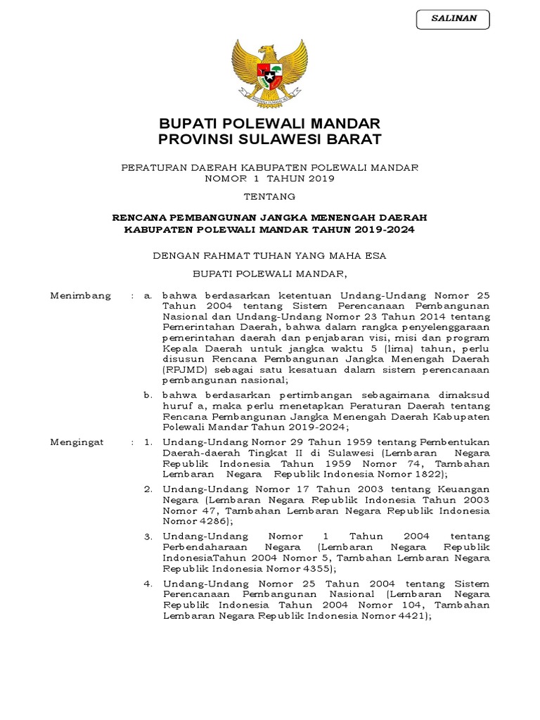 Perda 1 RPJMD Kab Polman 2019-2024 | PDF