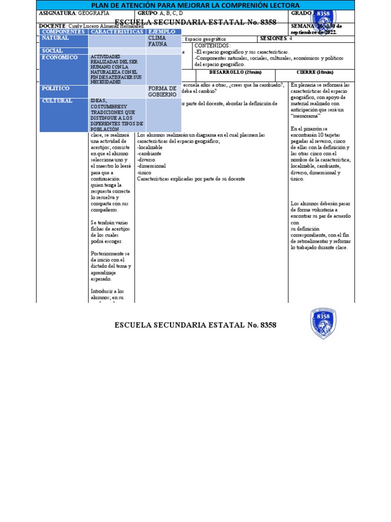 Plan para mejorar la comprensión lectora sobre el espacio geográfico ...