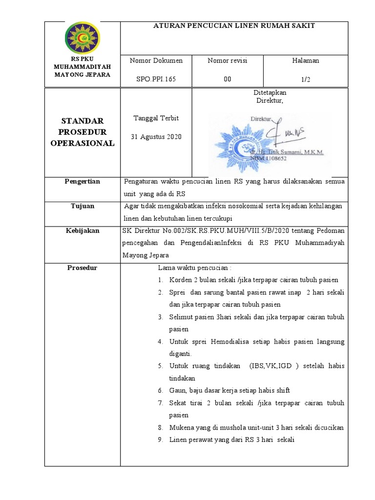SPO - Aturan Pencucian Linen RS (PPI) | PDF