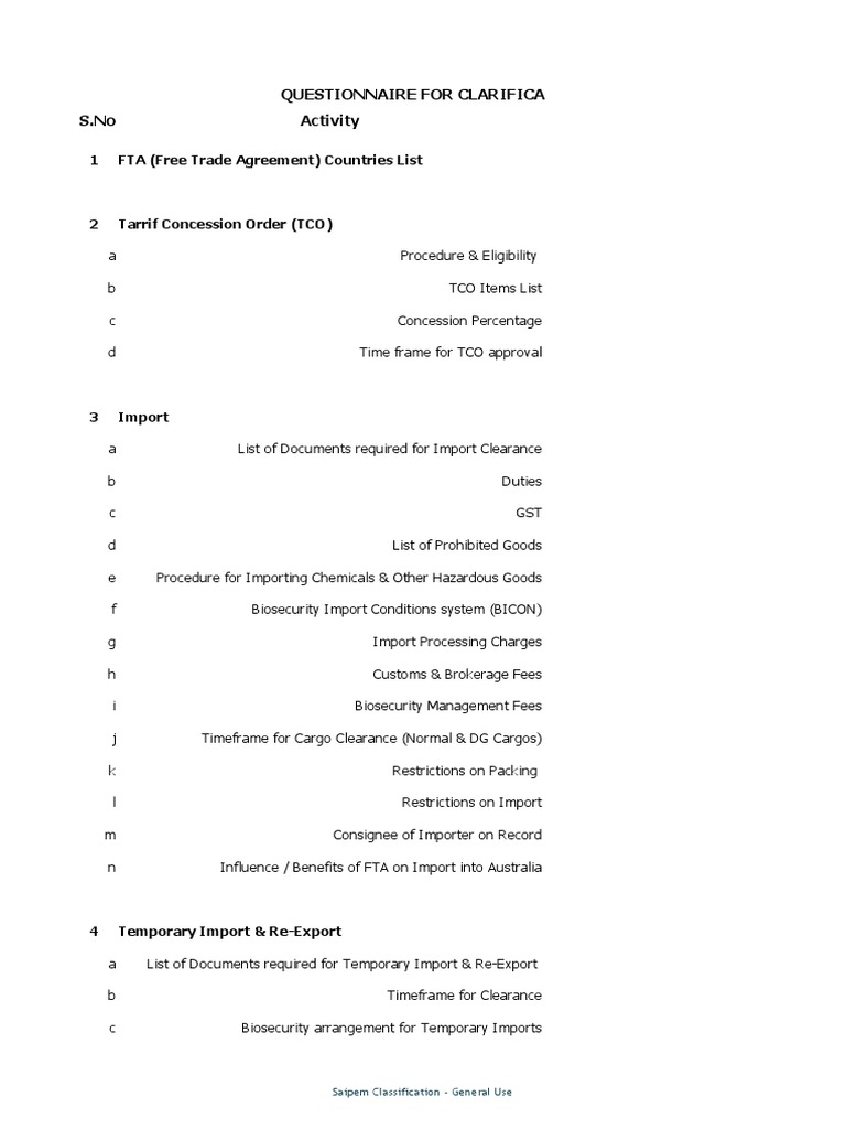 Questionnaire For Clarification With Australian Customs | PDF