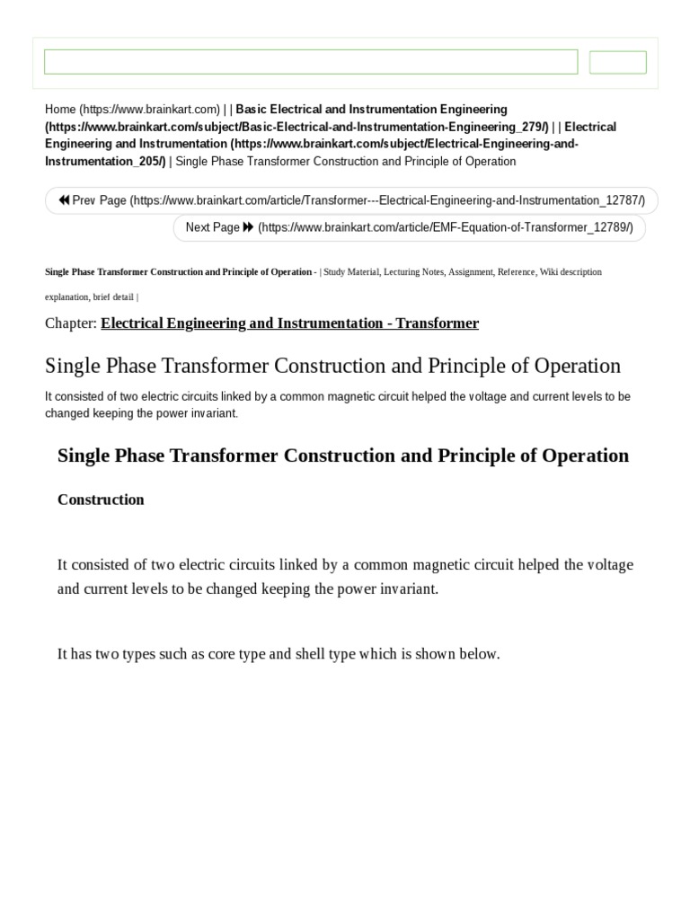 Single Phase Transformer Construction and Principle of Operation | PDF ...