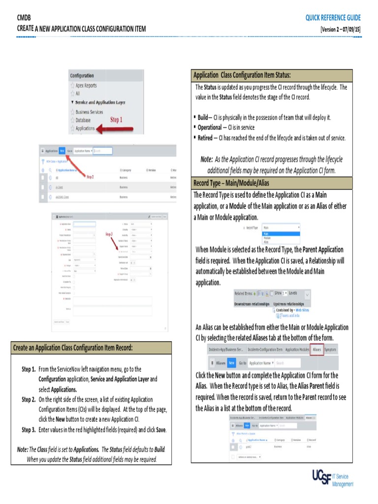 Quick Reference Guide Cmdb Create New Application Ci Record Pdf
