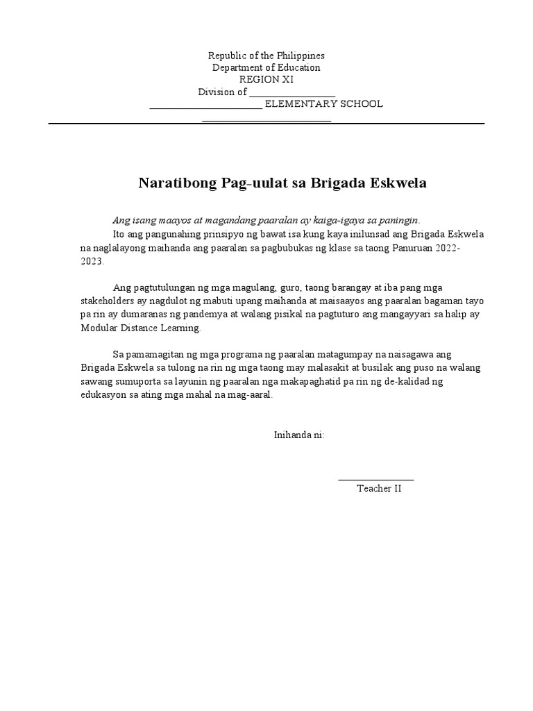 Brigada Eskwela Narrative Report - Abg Files | PDF