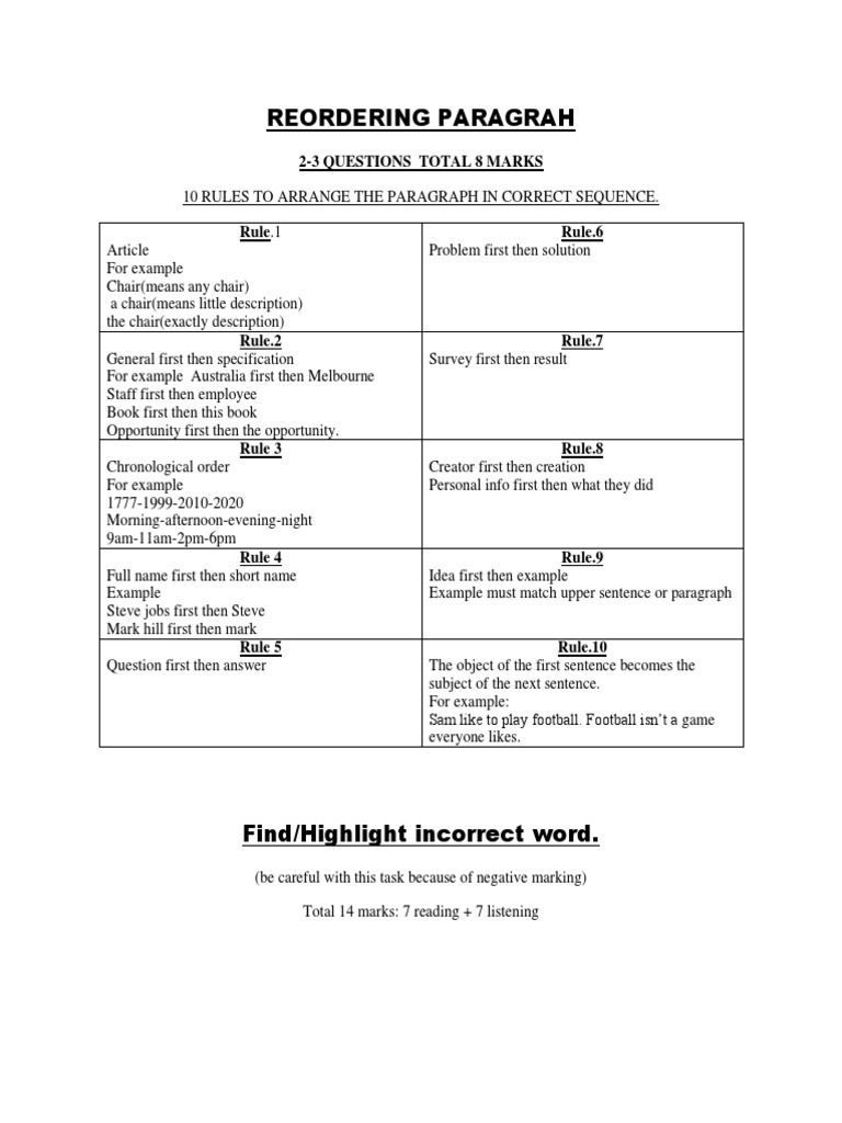 Reordering Paragrah: 2-3 Questions Total 8 Marks | PDF | Ellipsis | Comma