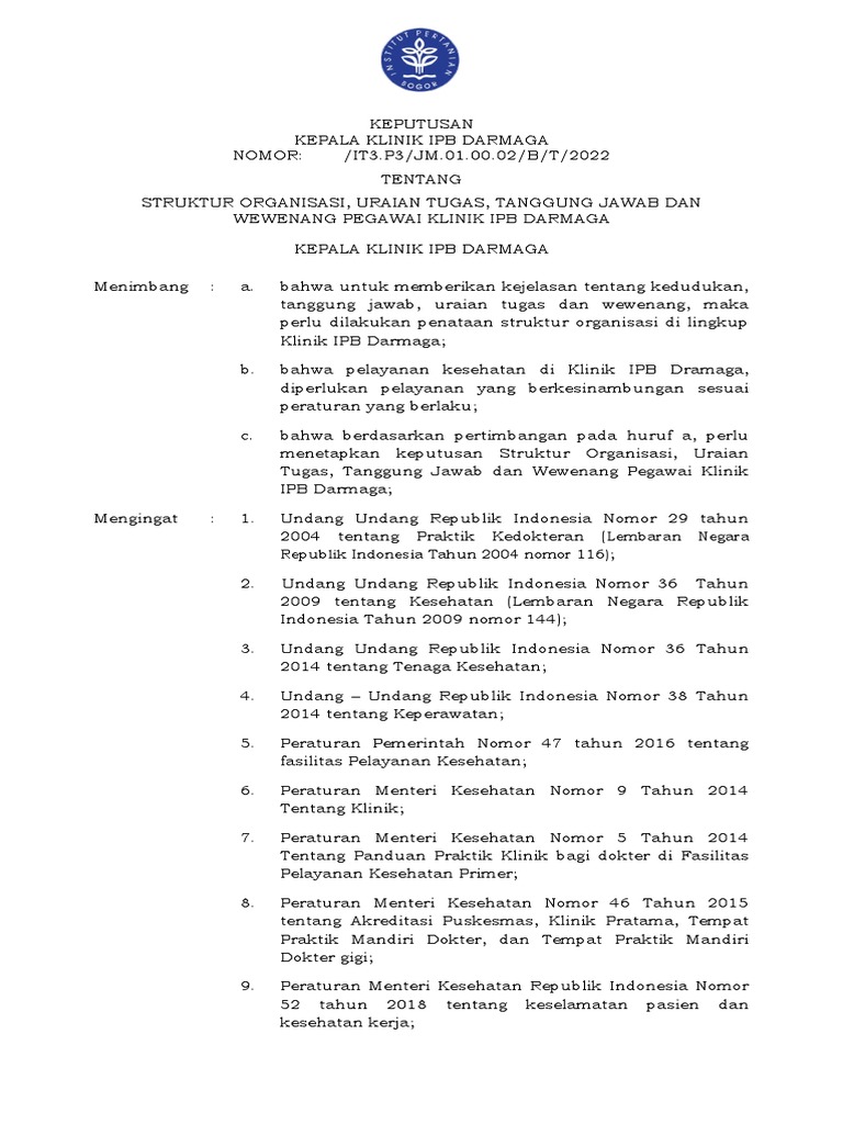 SK Uraian Tugas, Tanggung Jawab Dan Wewenang Klinik IPB Darmaga | PDF SK Uraian Tugas, Tanggung Jawab Dan Wewenang Klinik IPB Darmaga | PDF