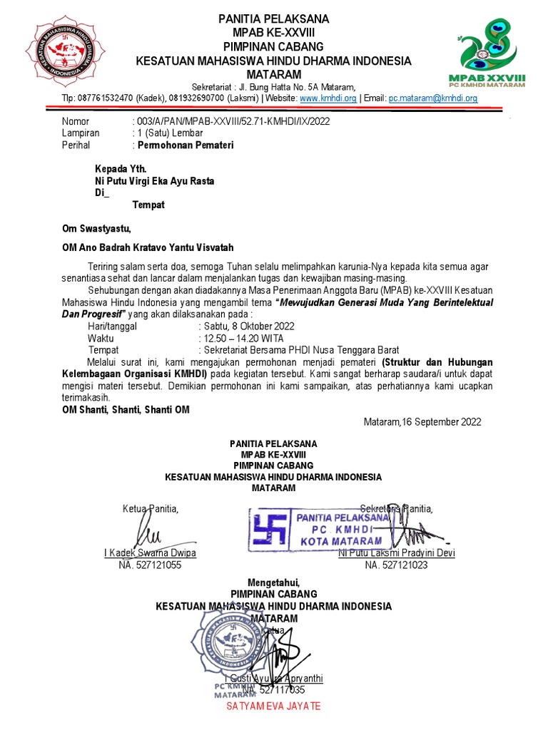 2022 - 003 Surat Permohonan Pemateri Ni Putu Virgi Eka Ayu Rasta. | PDF