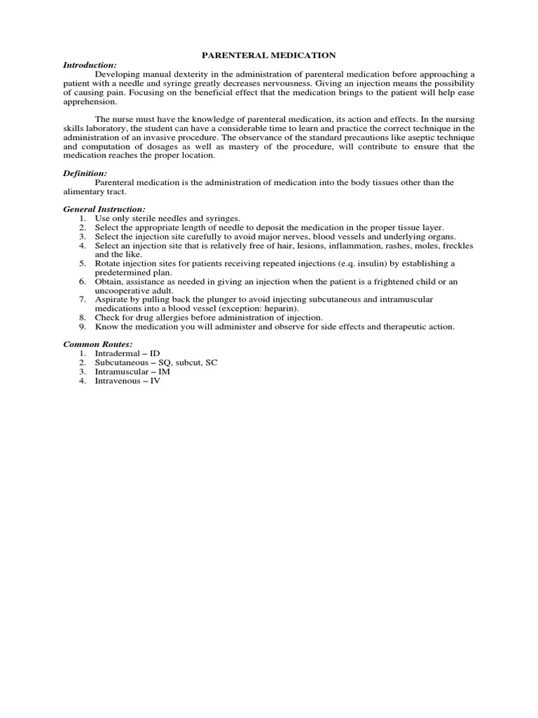 PARENTERAL MEDICATION Manual and Checklist 1 | PDF | Injection ...