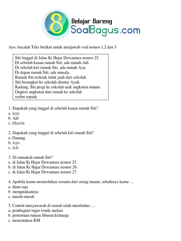 Soal Latihan Kelas 2 Tema 3 Subtema 1 Semester 1 | PDF