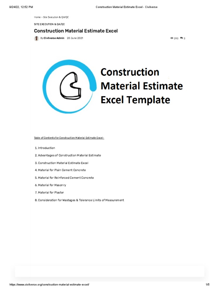 Construction Material Estimate Excel - Civilverse | PDF | Concrete ...