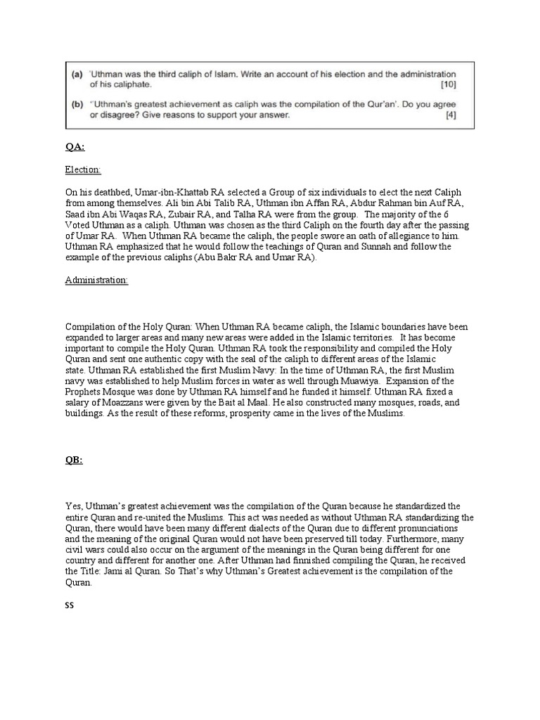 Uthman RA Past Paper Question | PDF