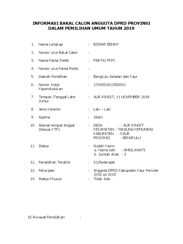Profil Bakal Calon DPRD Bengkulu 2019 | PDF