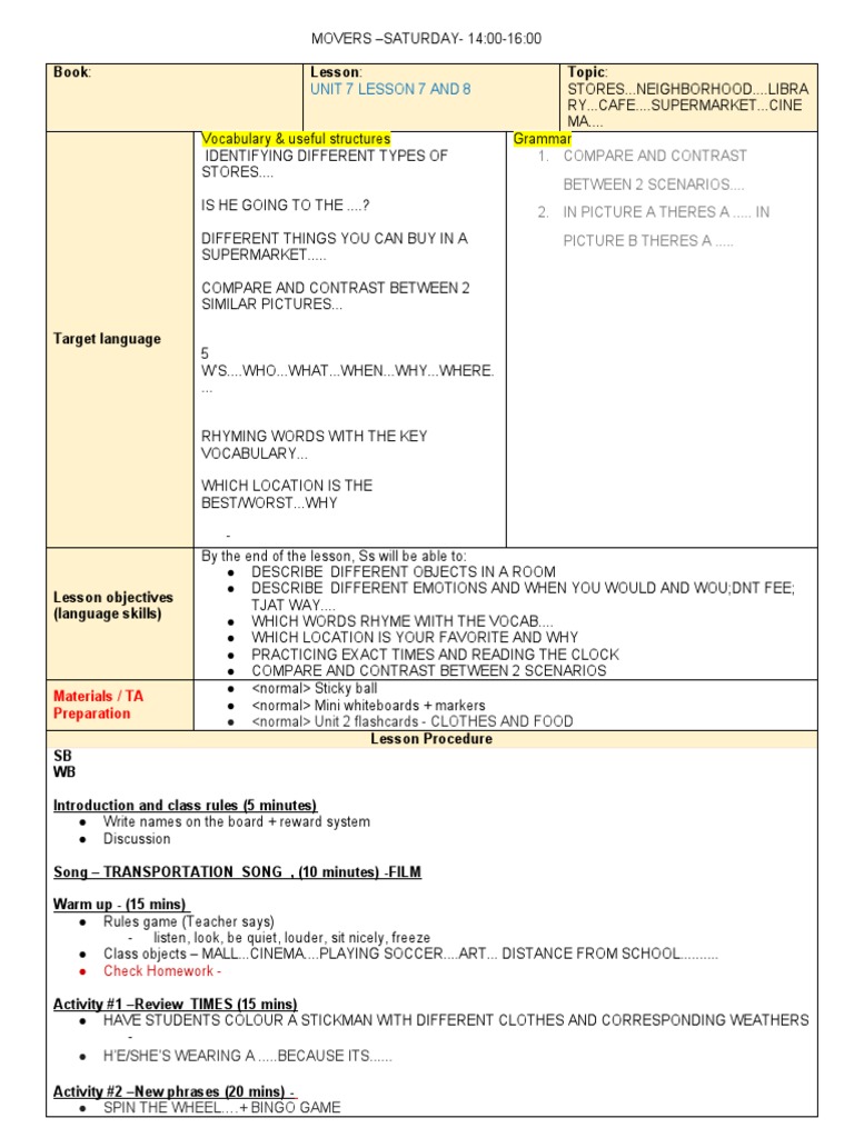 Movers Unit 7 Lesson 7 and 8 | PDF