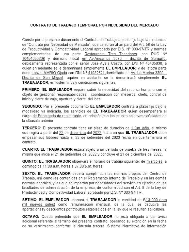 Contrato de Trabajo Temporal Por Necesidad Del Mercado | PDF | Derecho ...