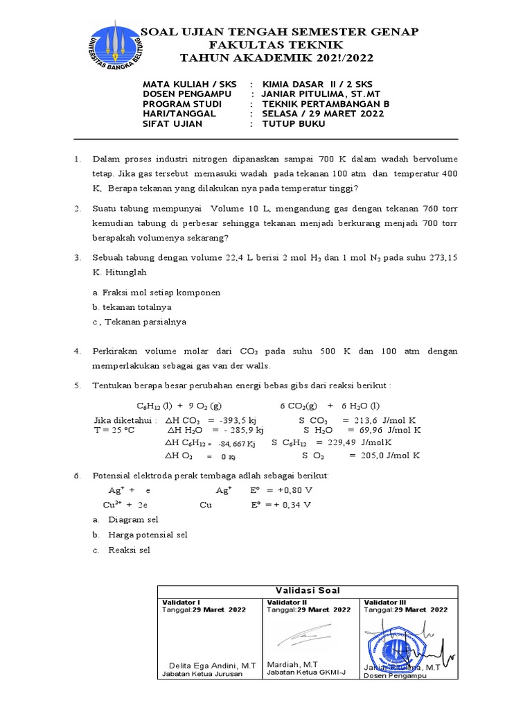 Soal Uts Kimia Dasar II B 2021 | PDF