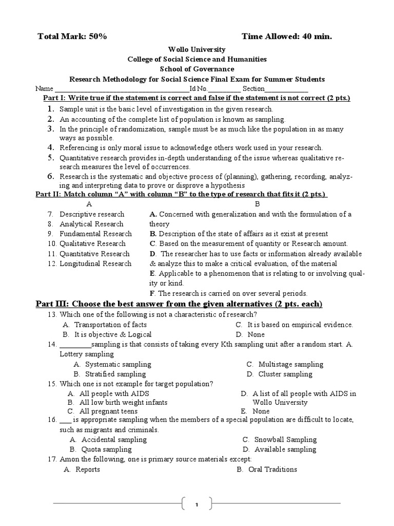 Research Summer Final Exam | PDF | Sampling (Statistics) | Statistics