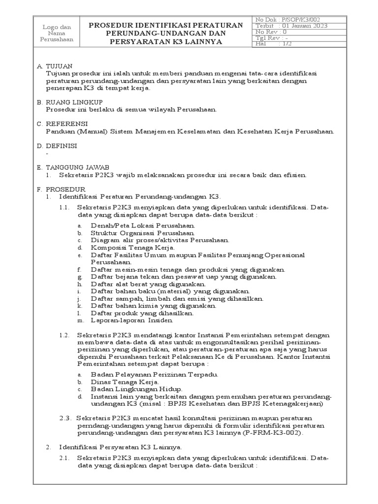 P - SOP - K3 - 002 - Prosedur - Identifikasi - Peraturan - Perundangan Dan Persyaratan K3 ...