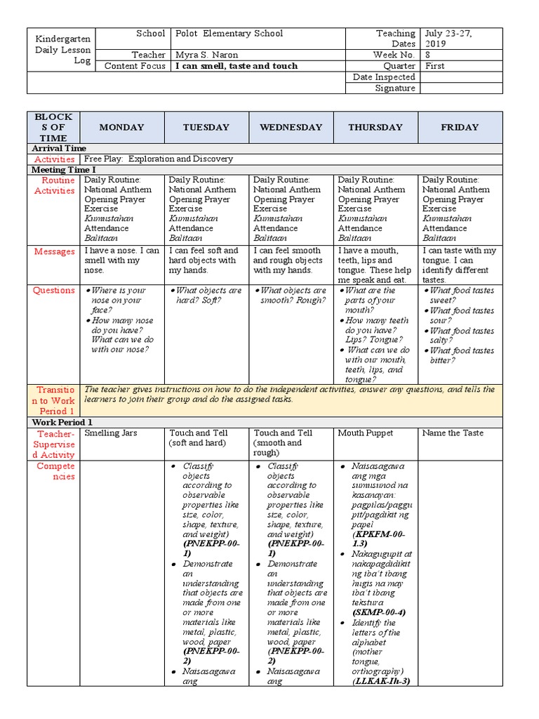 Kindergarten DLL Week 8 | PDF | Learning | Teachers