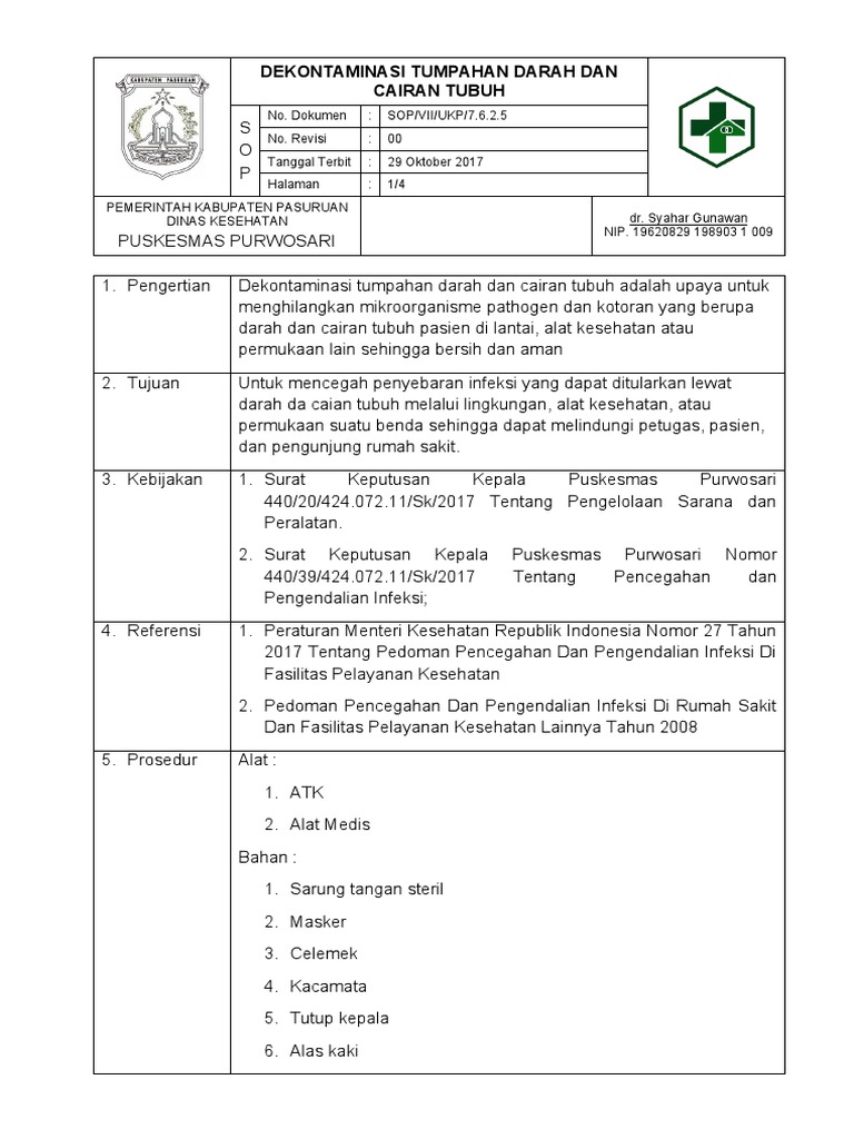 Sop Dekontaminasi Tumpahan Darah Dan Cairan Tubuh | PDF