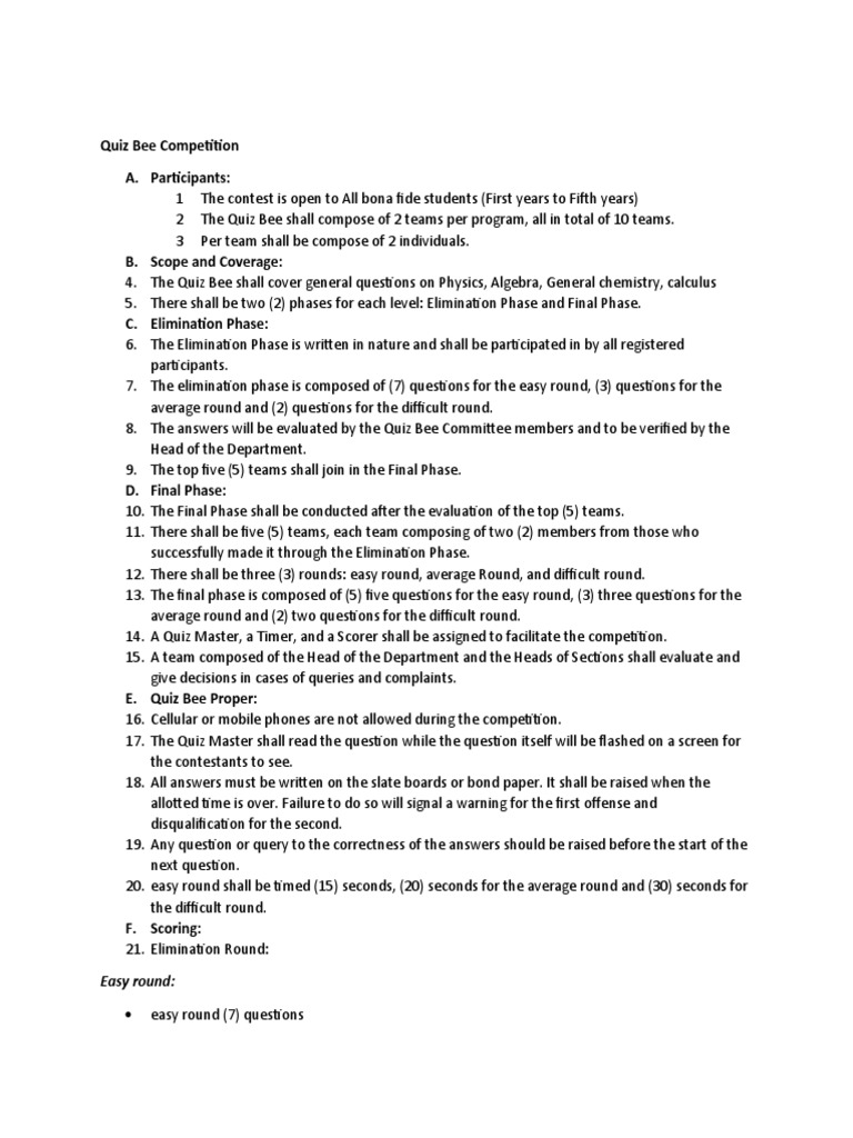 Quiz Bee Competition A. Participants:: Easy Round | PDF
