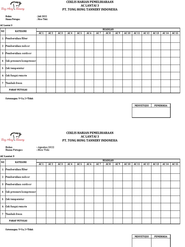 Ceklis Pemeliharaan AC Harian | PDF | Griya & Taman | Sains & Matematika