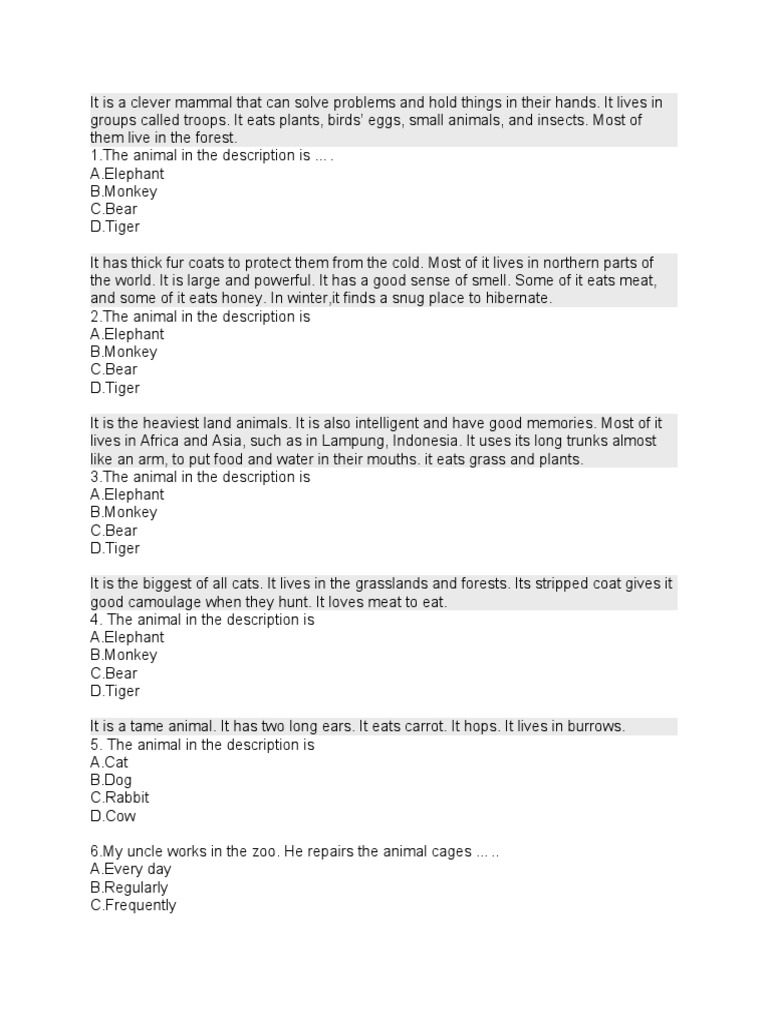 Animal Descriptions and Quiz Questions | PDF | Elephant | Bears