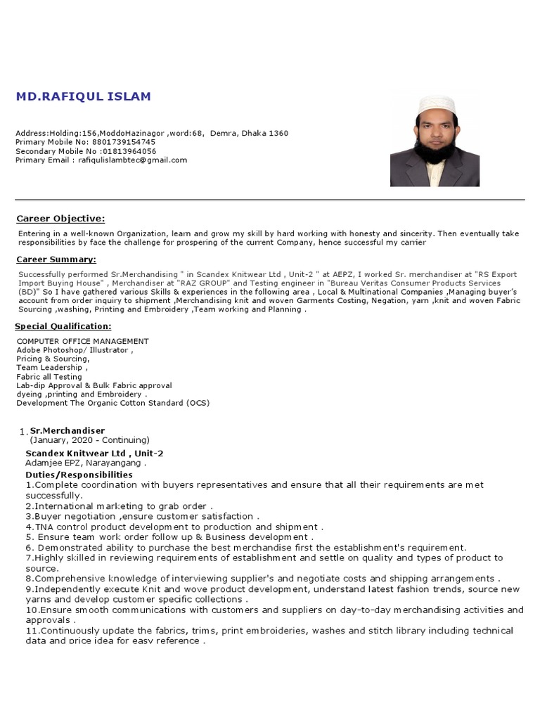 MD - Rafiqul Islam CV | PDF | Textiles | Dyeing