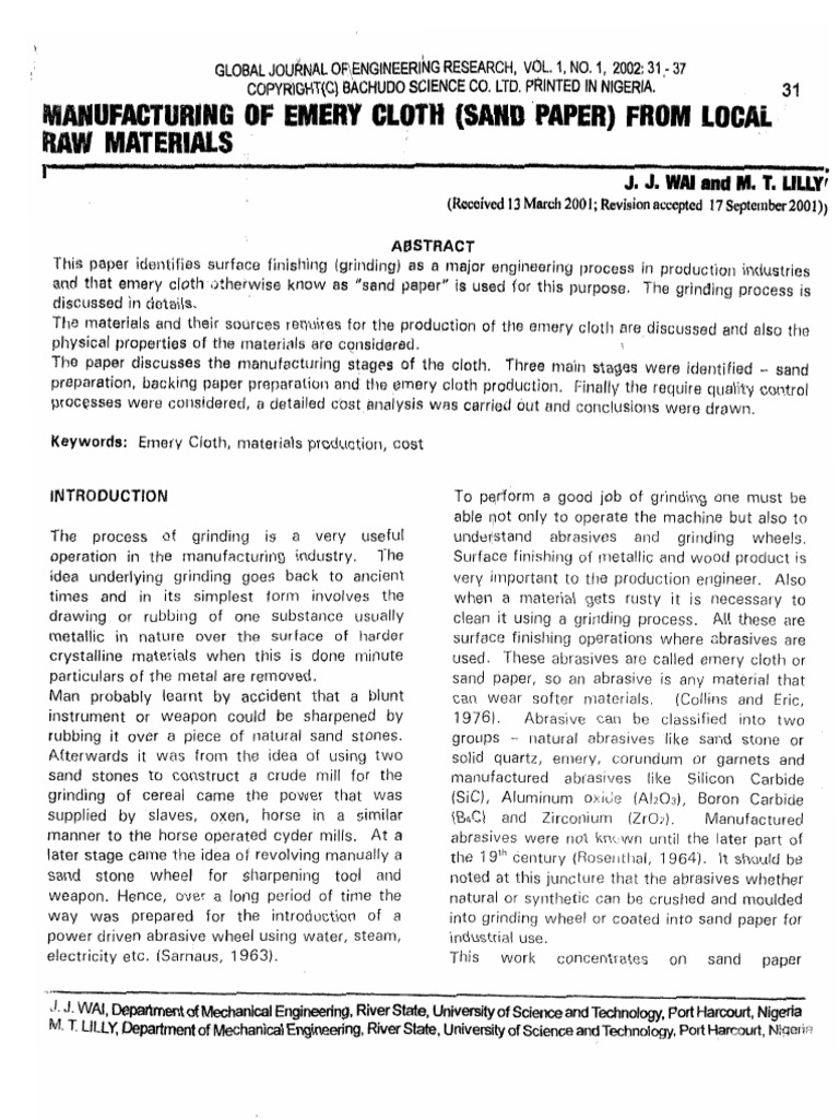 Manufacturing of Emery Cloth (Sand Paper) From Local Raw Materials | PDF