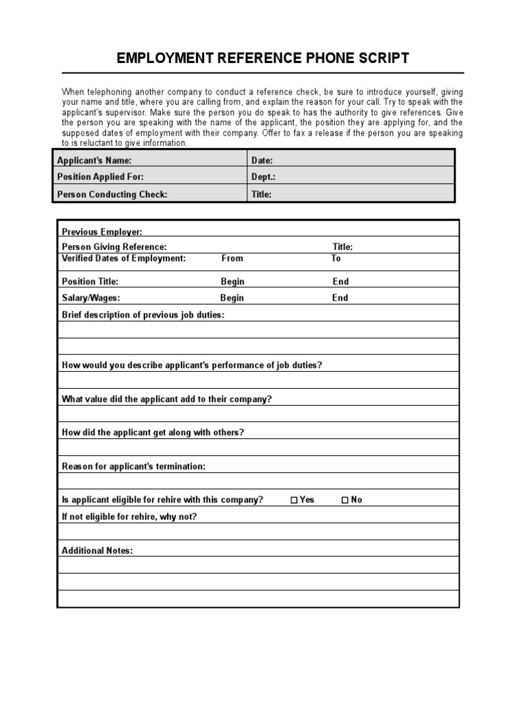 Reference Check Phone Script | PDF