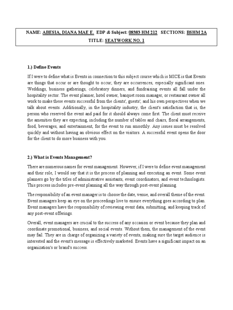 HM 212 - Seatwork No. 1 (Abesia, Diana Mae) | PDF | Economies | Employment