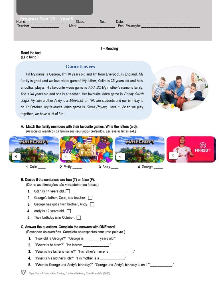 Progress Test - 1B - Year5 - 2020 - 2021 | PDF