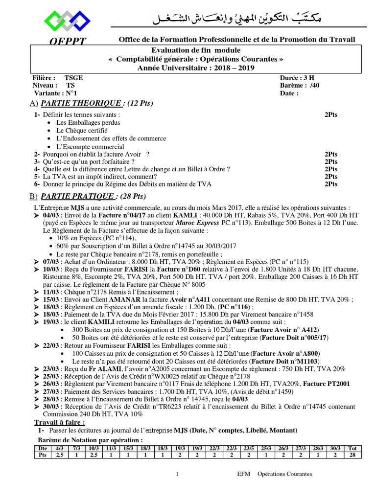 Évaluation des Opérations Courantes EFM | PDF | Facture | Chèque