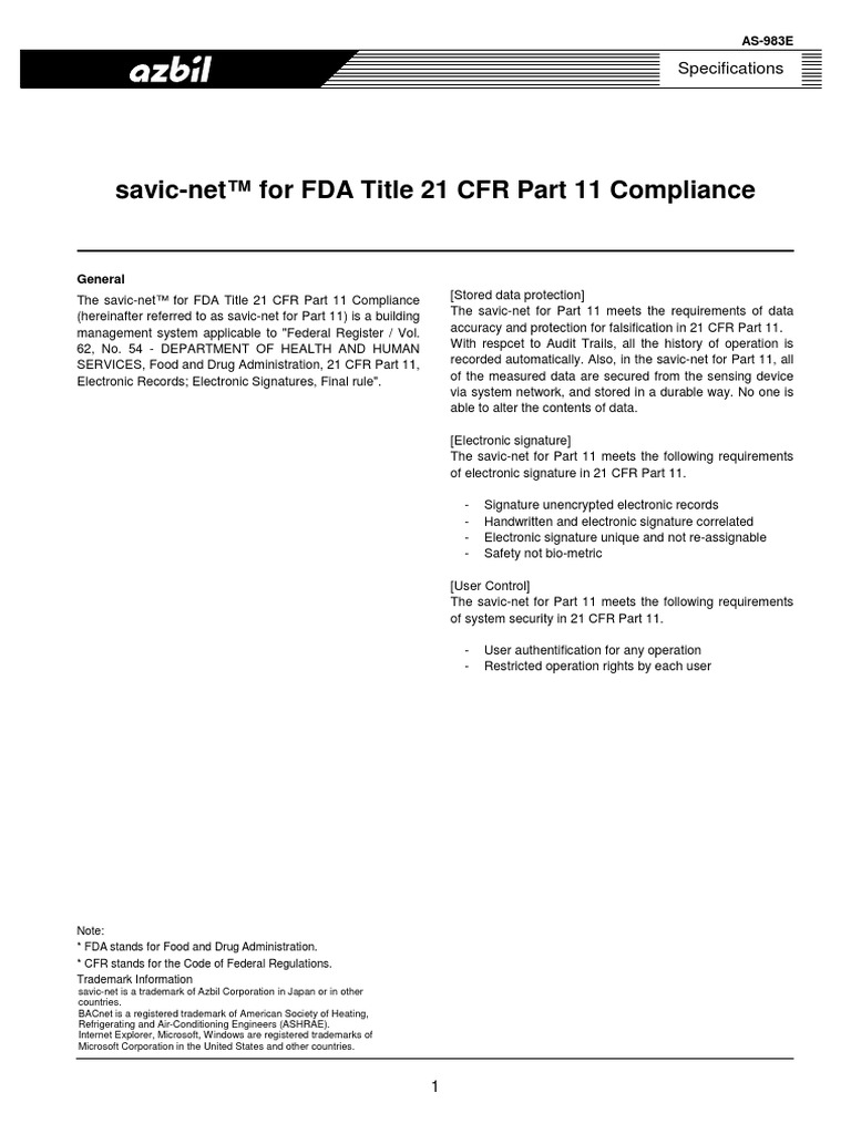 Savic-Net™ For FDA Title 21 CFR Part 11 Compliance: Specifications ...